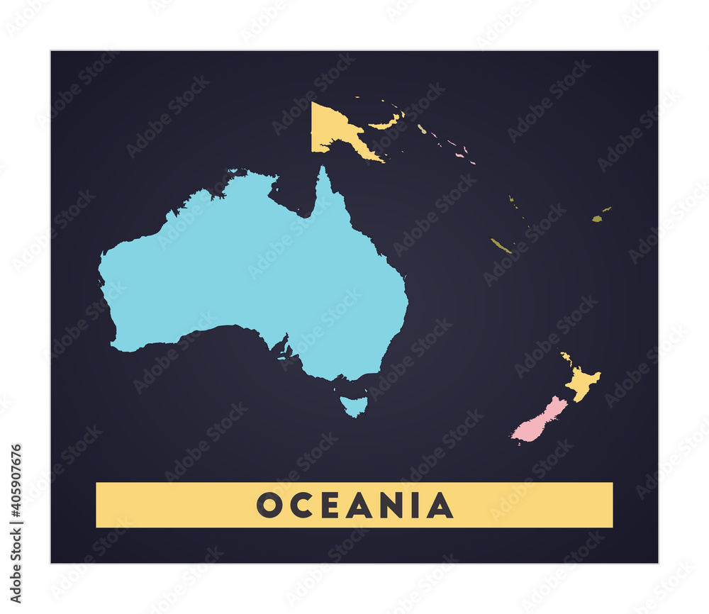 Oceania map. Continent poster with regions. Shape of Oceania with ...