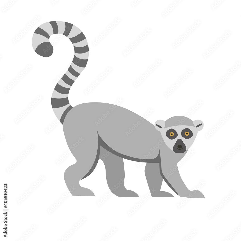 Cartoon lemur on a white background.Flat cartoon illustration for kids ...