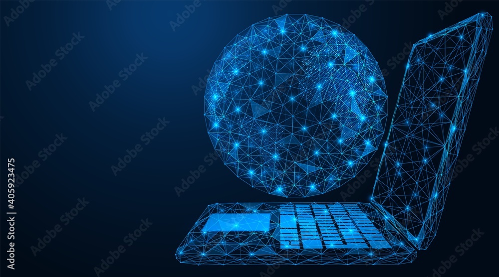 Wireless data network. Global map of the world and a personal computer ...