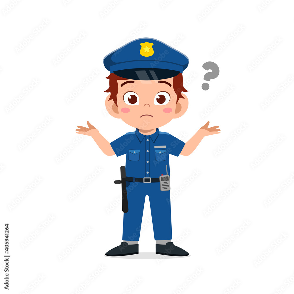 happy cute little kid boy wearing police uniform and thinking with ...