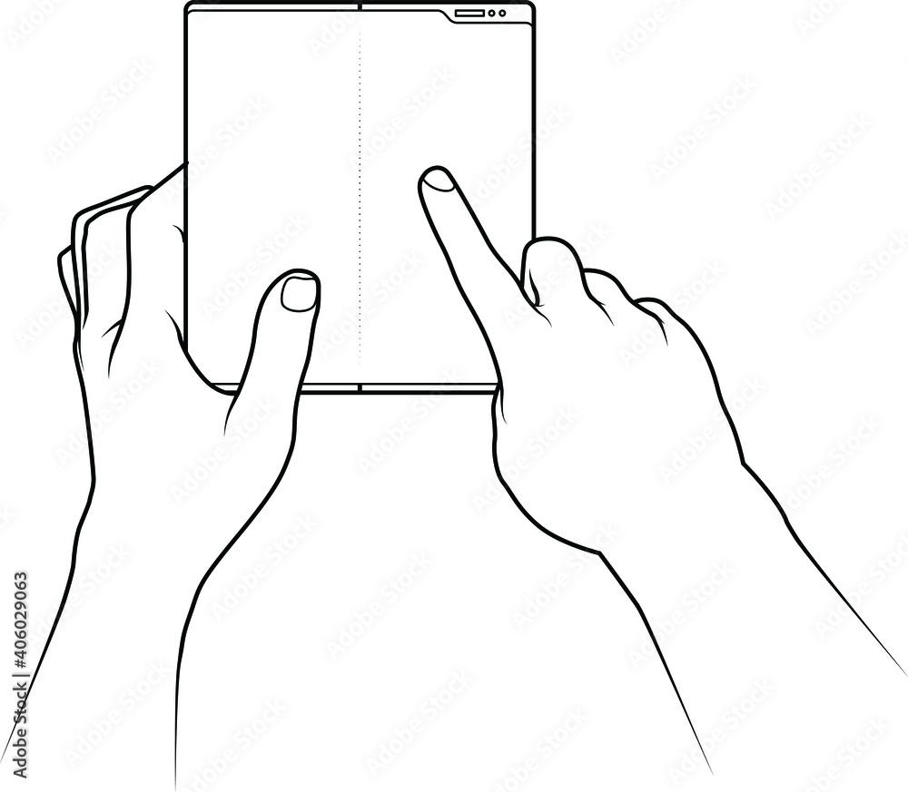 Line drawing of hands holding and using a dual screen / folding smart ...
