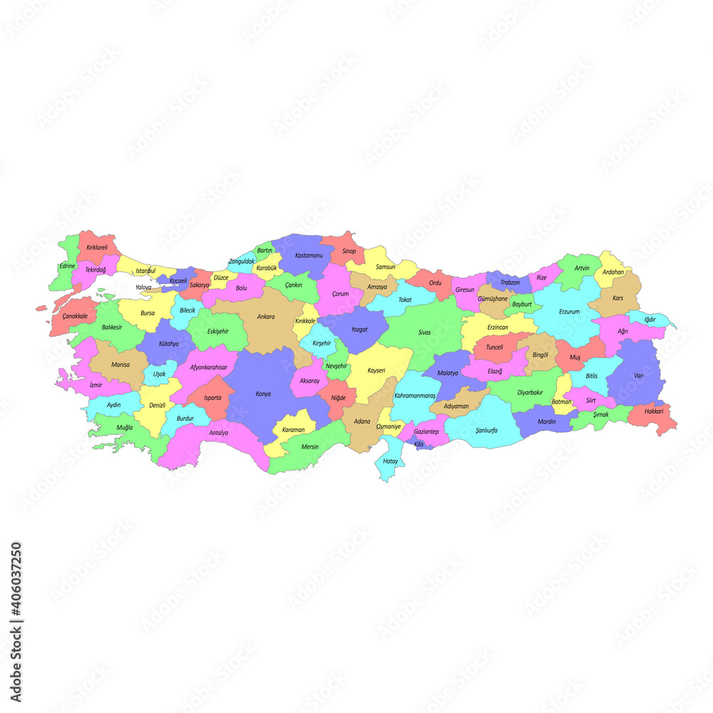 High quality labeled map of Turkey with borders of the regions Stock ...