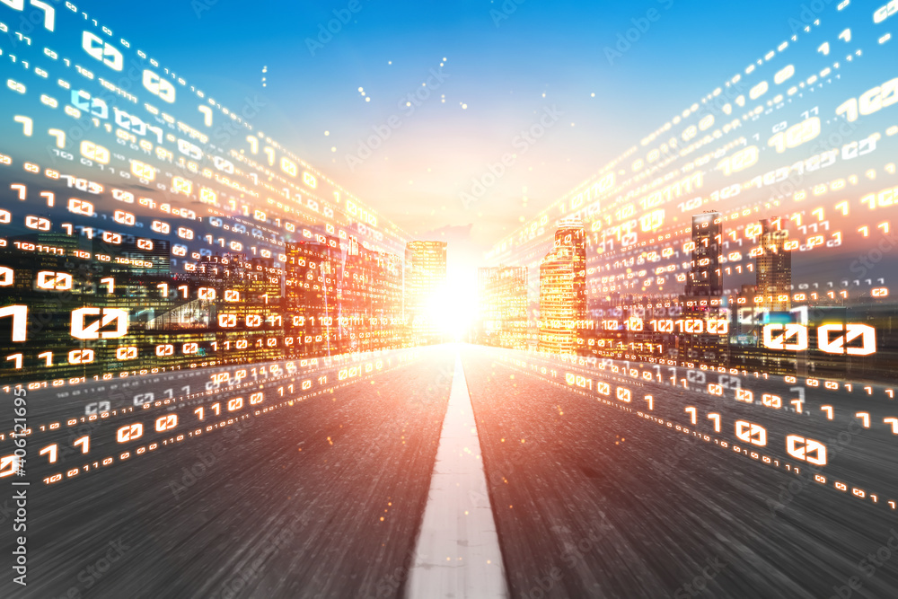 Digital data flow on road with motion blur to create vision of fast speed transfer . Concept of ...