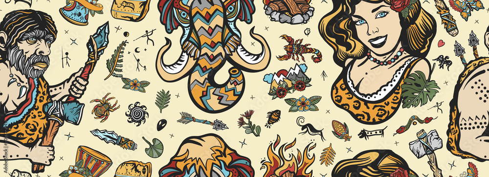 Stone age seamless pattern. Old school tattoo vector style. Cave man ...