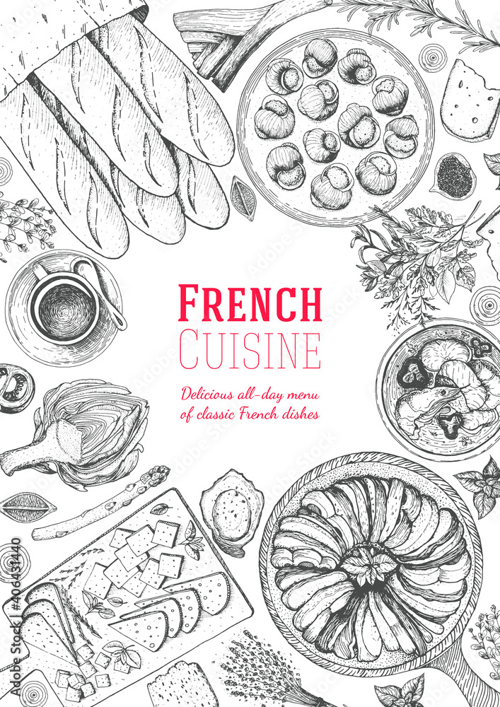 French cuisine top view frame. A set of classic French dishes with ...