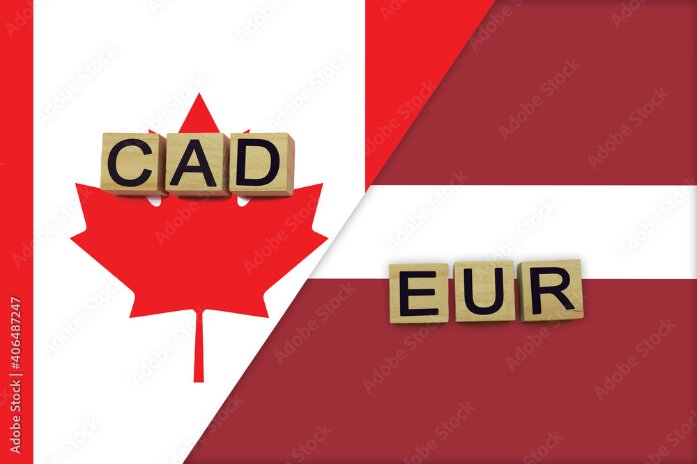 Canada and Latvia currencies codes on national flags background Stock ...