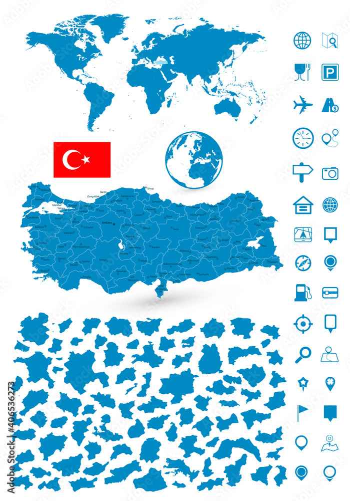 Detailed map of Turkey and World map navigation set Stock Vector ...
