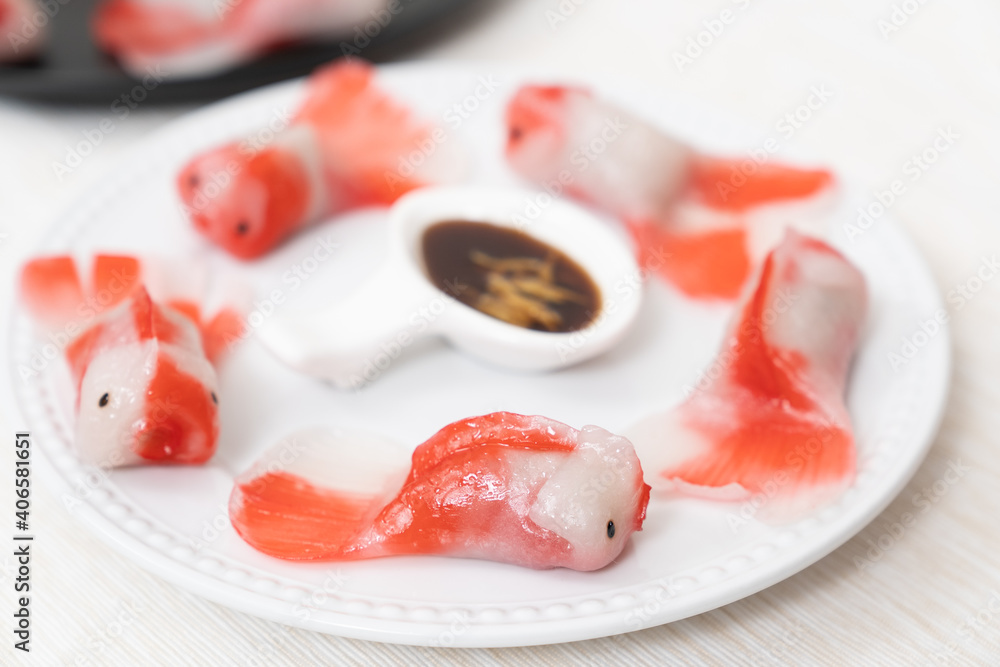 Beautiful steamed crystal dumpling in Koi fish shape, Chinese and ...