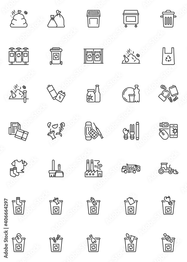 Zero waste line icons set. Waste sorting linear style symbols ...