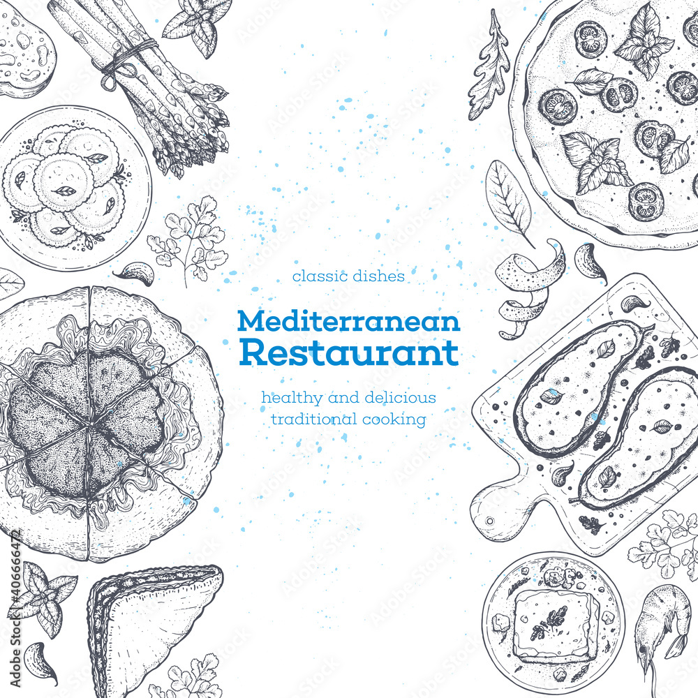 Mediterranean food. Top view frame. A set of mediterranean dishes ...