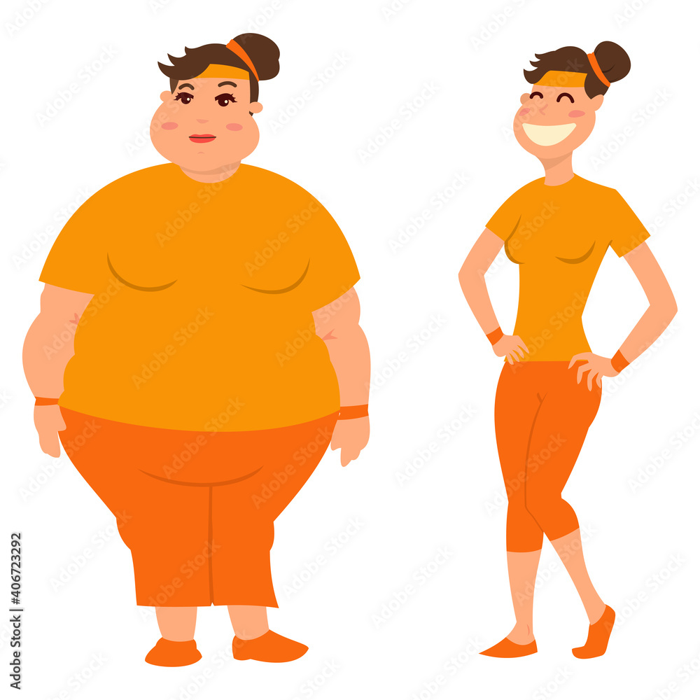 Fat and slim woman before and after weight loss. Diet, sport and ...