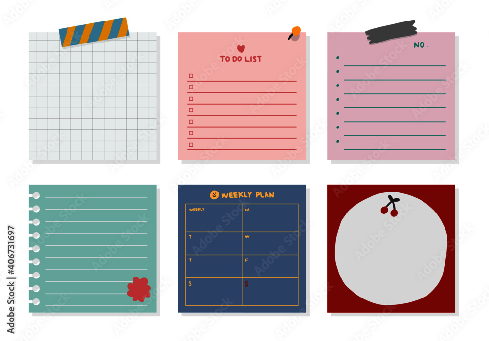 Cute sticky note papers printable set template vector cards, notes ...