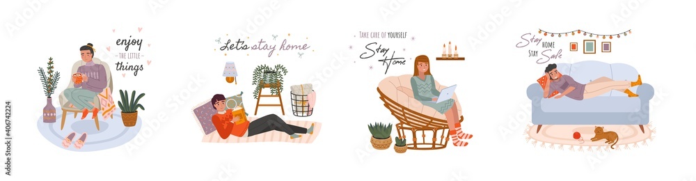 Relaxing people. Young women and men at cozy home scenes, boys and ...
