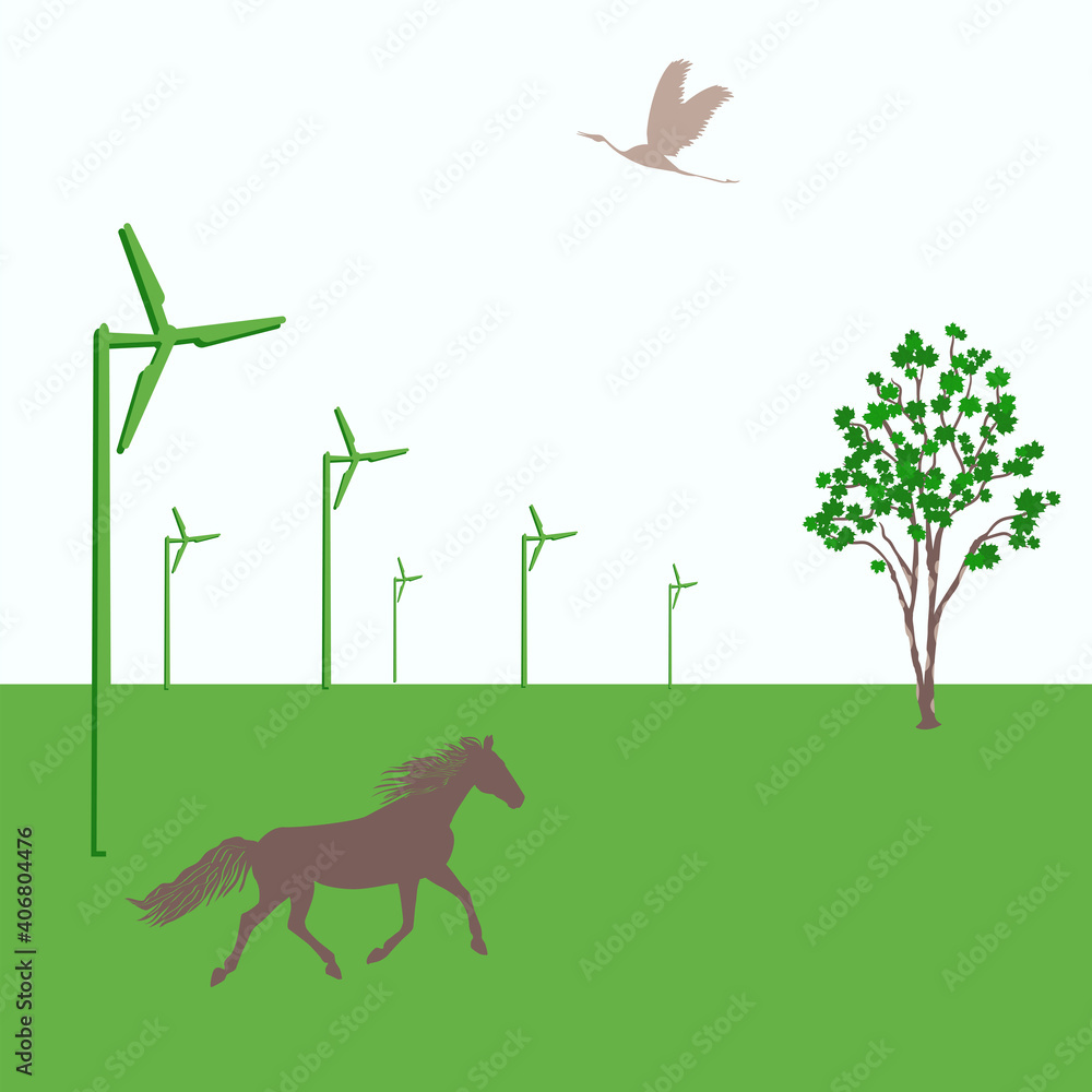 Wind turbine, running horse, tree, flying bird - vector. Alternative ...