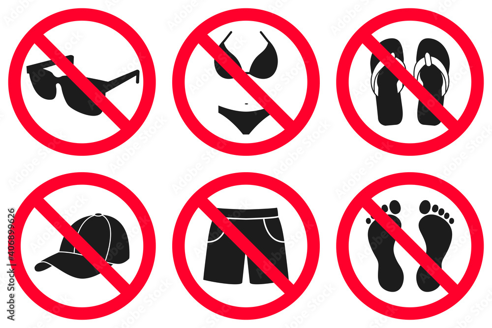 Prohibition symbols to control beachwear: no caps, no bikinis, no ...