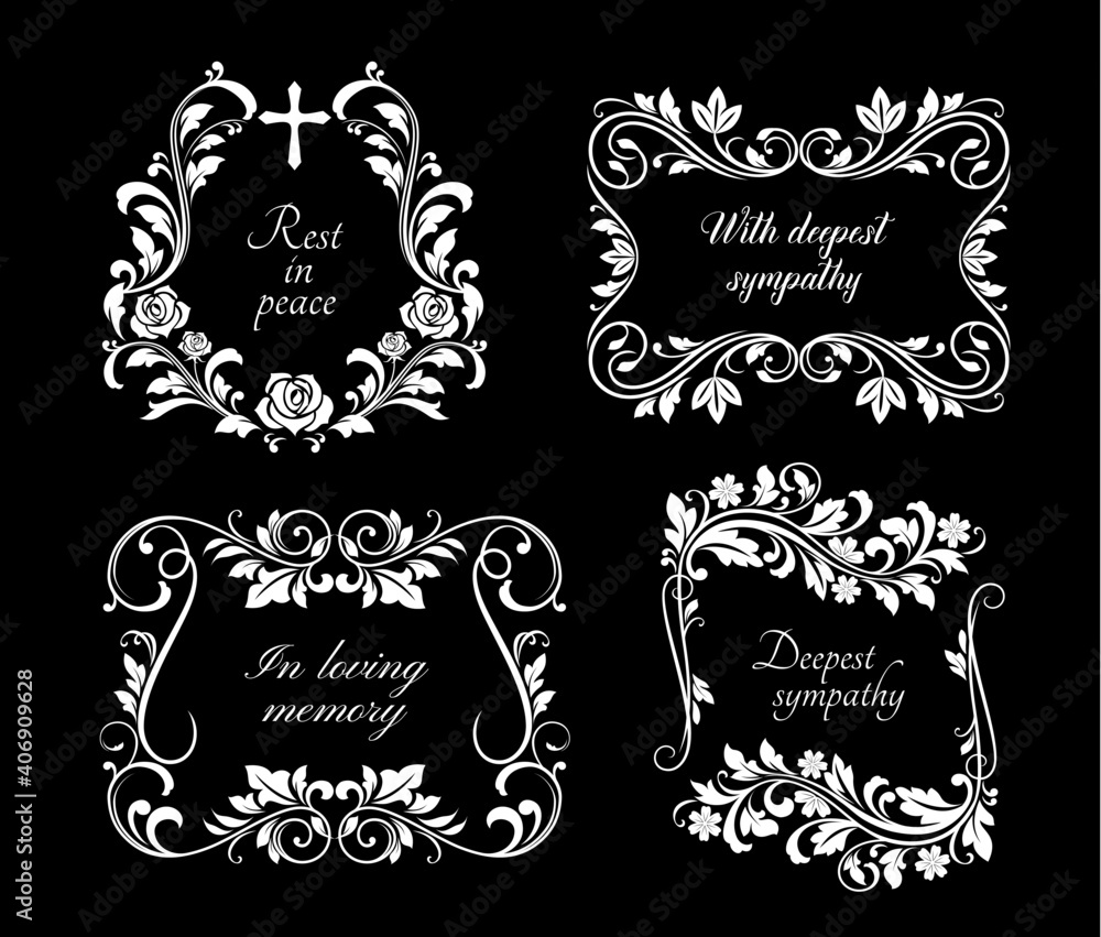 Funeral memorial frames with floral ornaments. Funerary card decoration ...