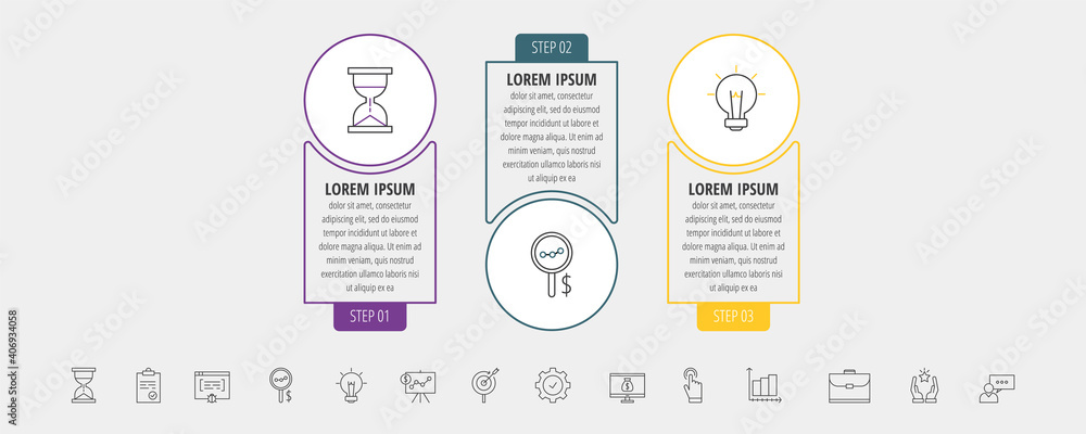 Circles vector line infographic with 3 step, icons. Timeline used for ...