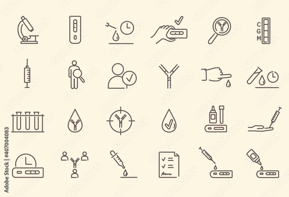 Simple set of black and white outline antibody test icons. Microscope ...