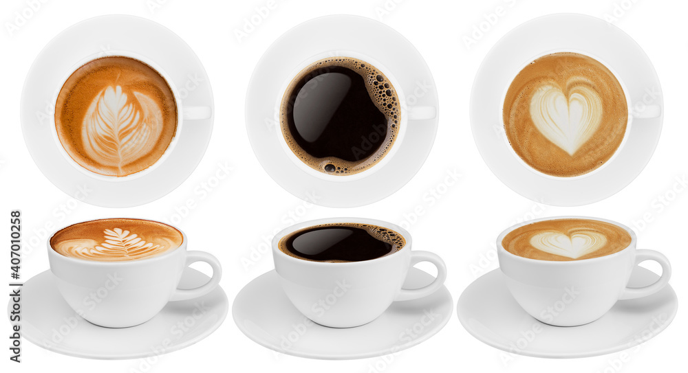 Top view and side view coffee cup collection, coffee cup assortment ...