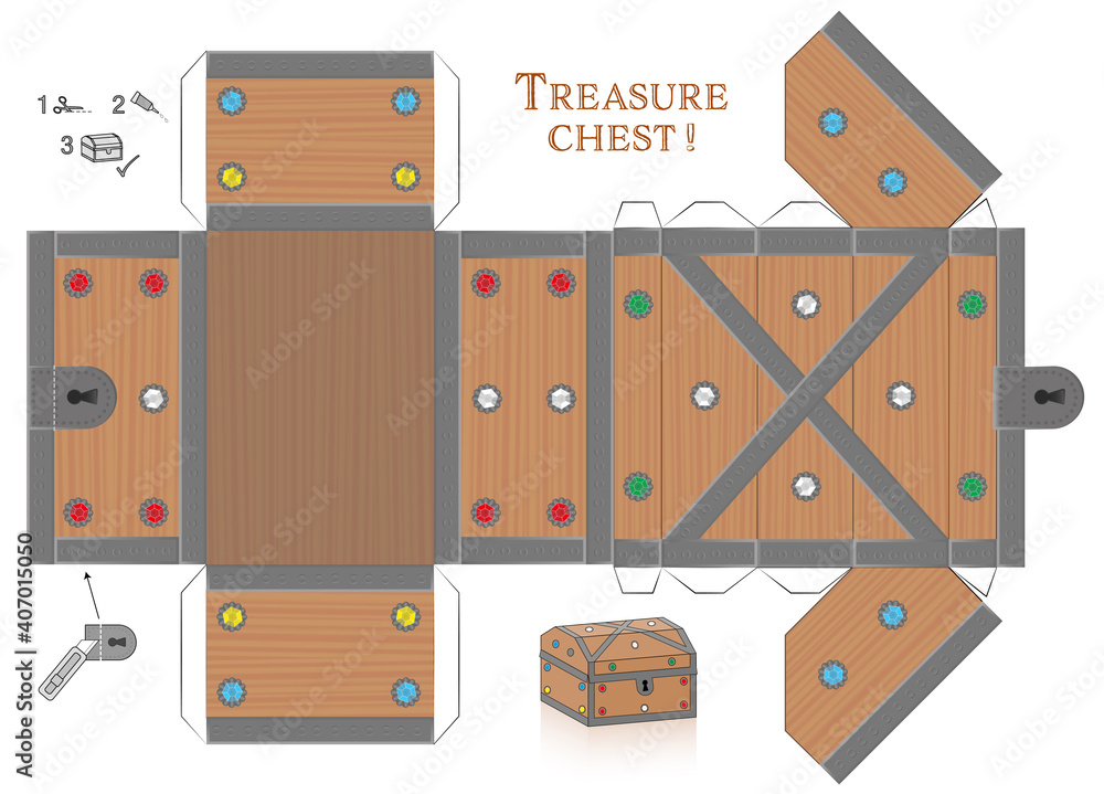 Treasure chest box paper model. Cut out, fold and glue it. Template ...