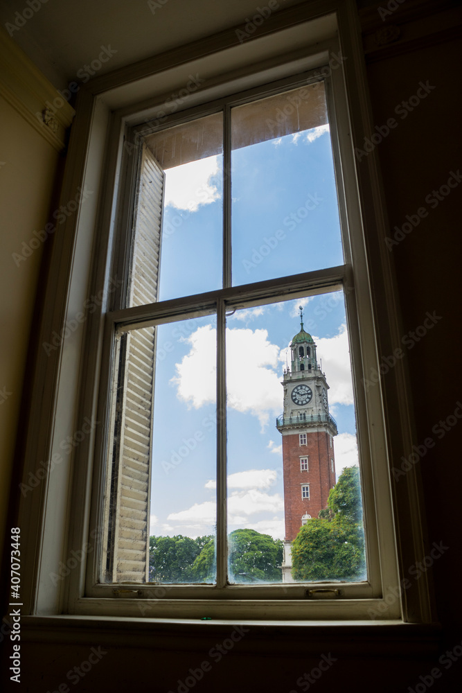 View through the window of the Monumental Tower located in the Retiro ...