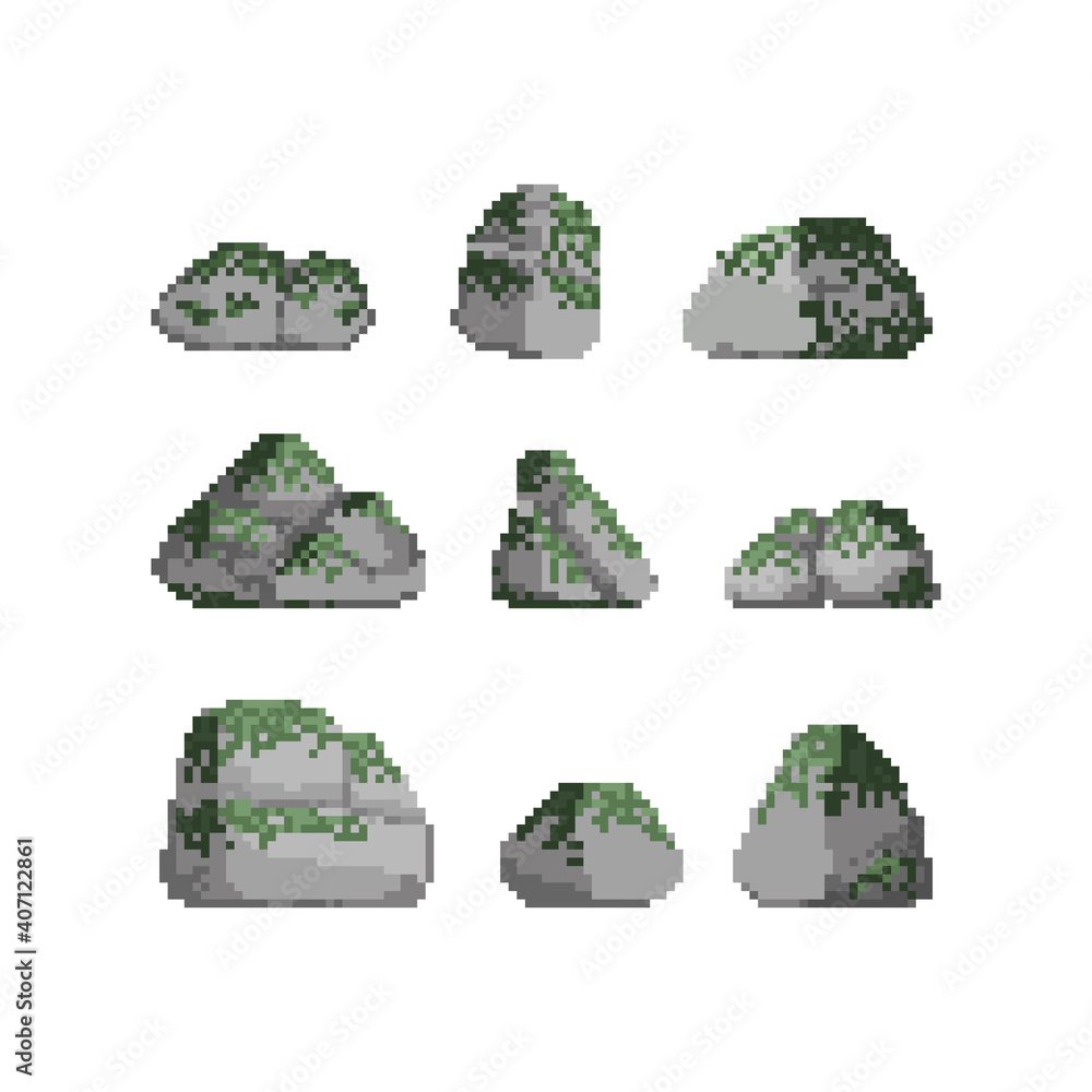 Pixel art set of stone with moss illustration 스톡 벡터 | Adobe Stock