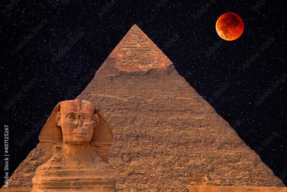 Giant statue of Great Sphinx on the background of oldest and largest ...