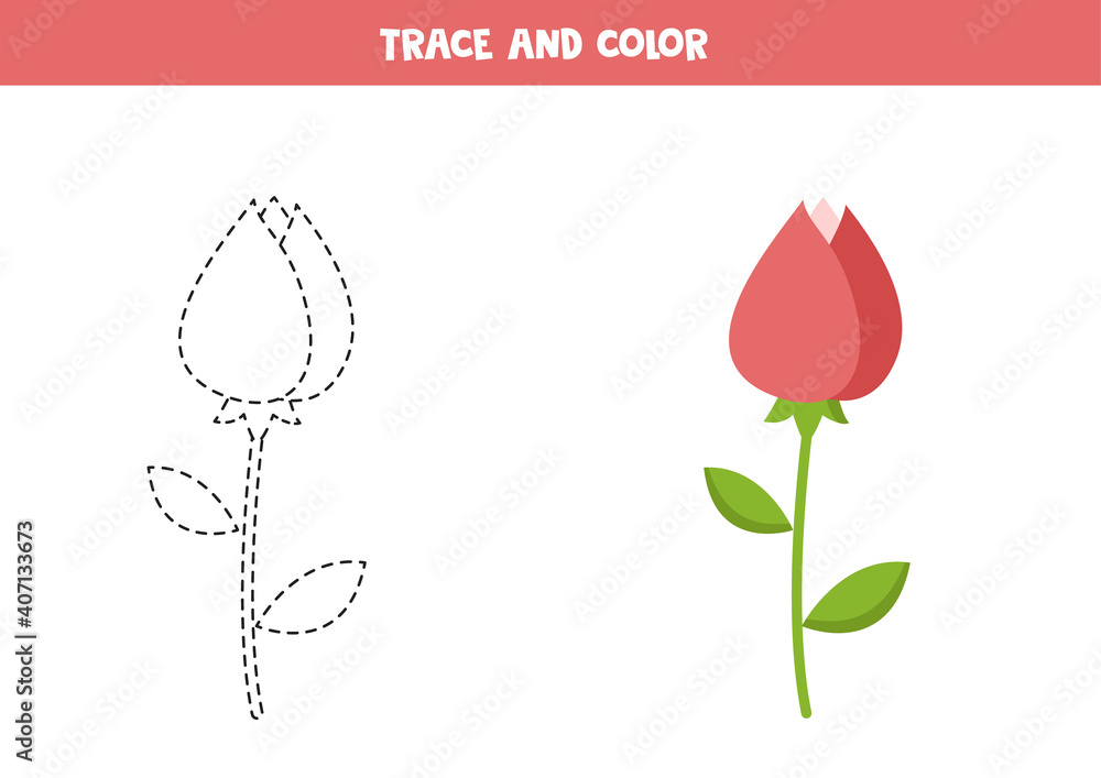 Trace and color cartoon valentine rose. Funny worksheet for kids. Stock ...