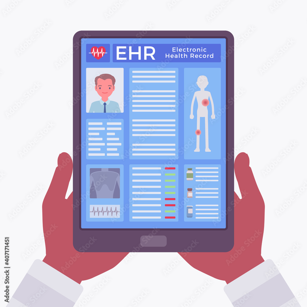 Electronic health record, EHR digital patient chart, tablet in hands ...