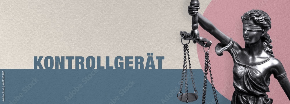 Kontrollgerät. Close-up einer Justitia Statue. Symbol für Gerechtigkeit ...