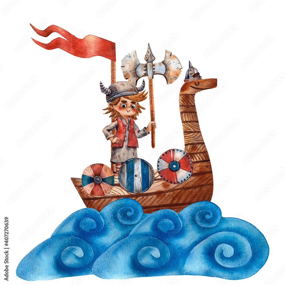 Cartoon illustration of funny viking. Boy portrait. Viking helmet ...