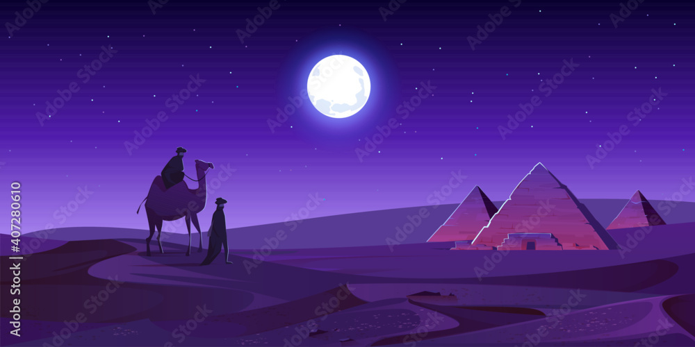 Bedouins walk to Egypt pyramids on camel at night desert. Egyptian ...