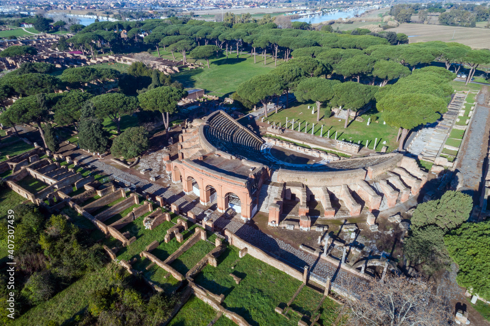 Aerial view of the Archaeological Area of Ostia Antica, founded in 620 ...