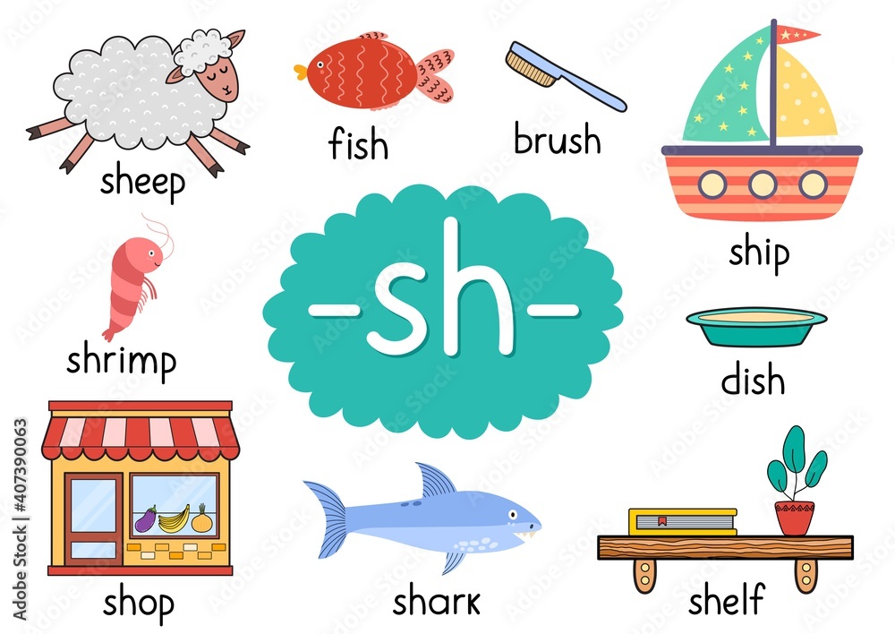 Sh digraph with words educational poster for kids. Learning phonics for ...