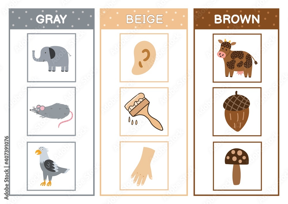 Learn the primary colors. Color sorting activity page - gray, brown ...