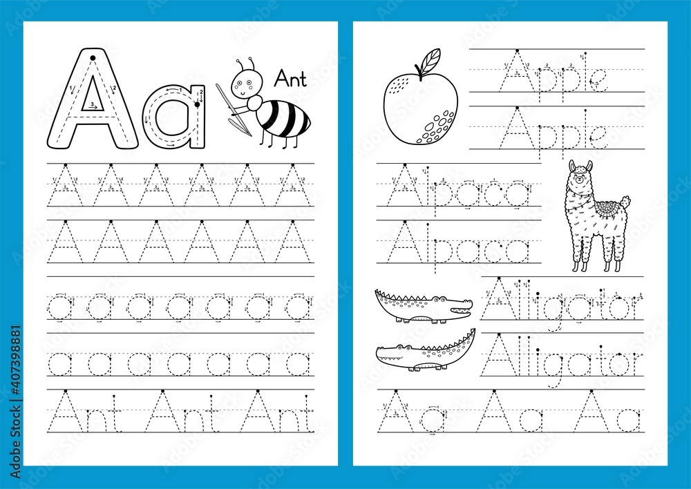 Letter A educational worksheets set. Trace the alphabet activity page ...