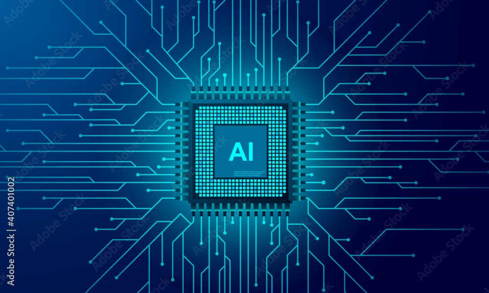 Artificial intelligence web banner. 3D isometric illustration of a processor chip. The process ...