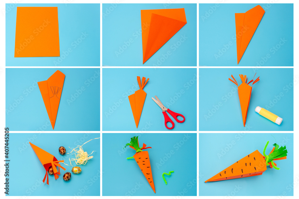 DIY paper carrot craft, how to make easter treat box, tutorial, step by ...