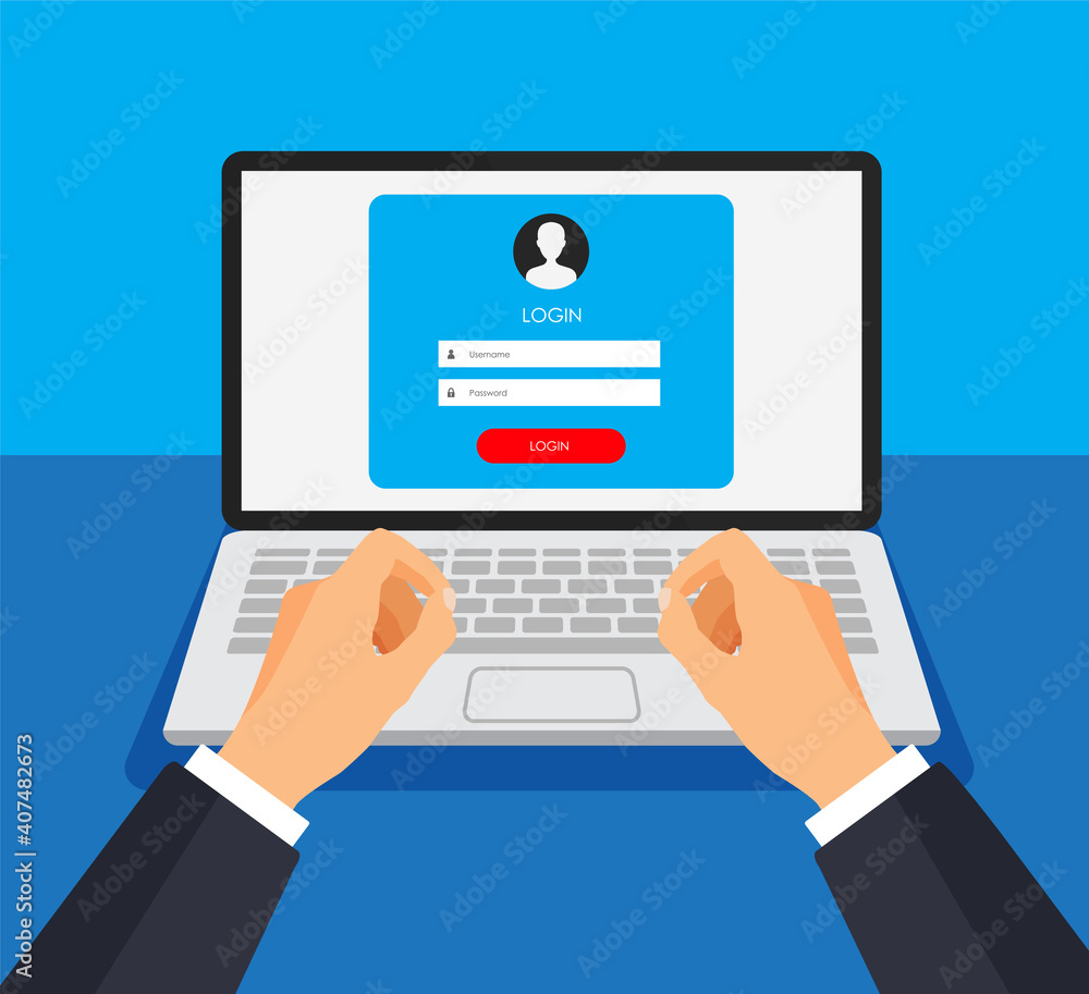 Registration form and login form page on a monitor display. Hands are ...