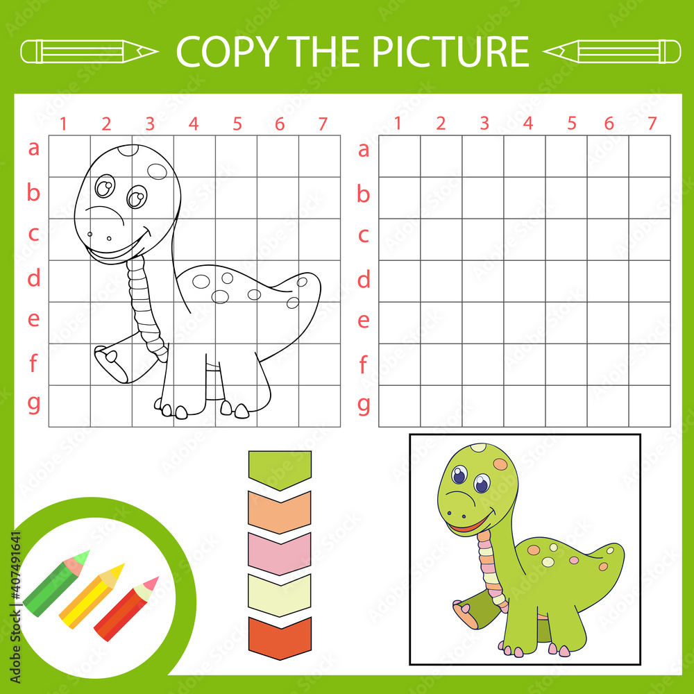 Draw a dinosaur. Activity page for kids. Drawing using grid lines ...