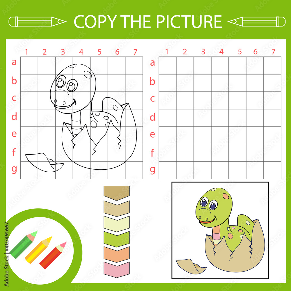Draw a dinosaur. Activity worksheet for kids. Drawing using grid lines ...
