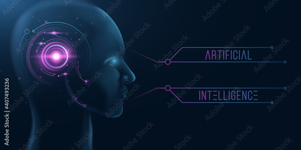 Cyborg face with HUD interface. Artificial Intelligence. Neural ...