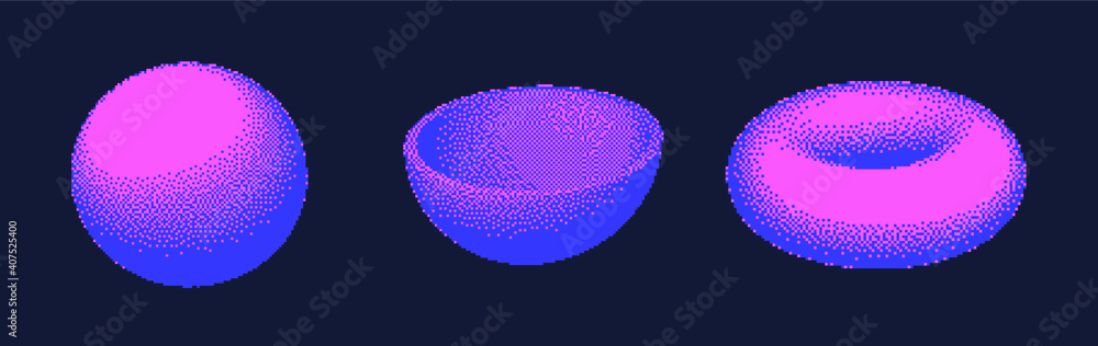 Set of 3D shapes: sphere, hemisphere, torus. Vaporwave and retrowave ...