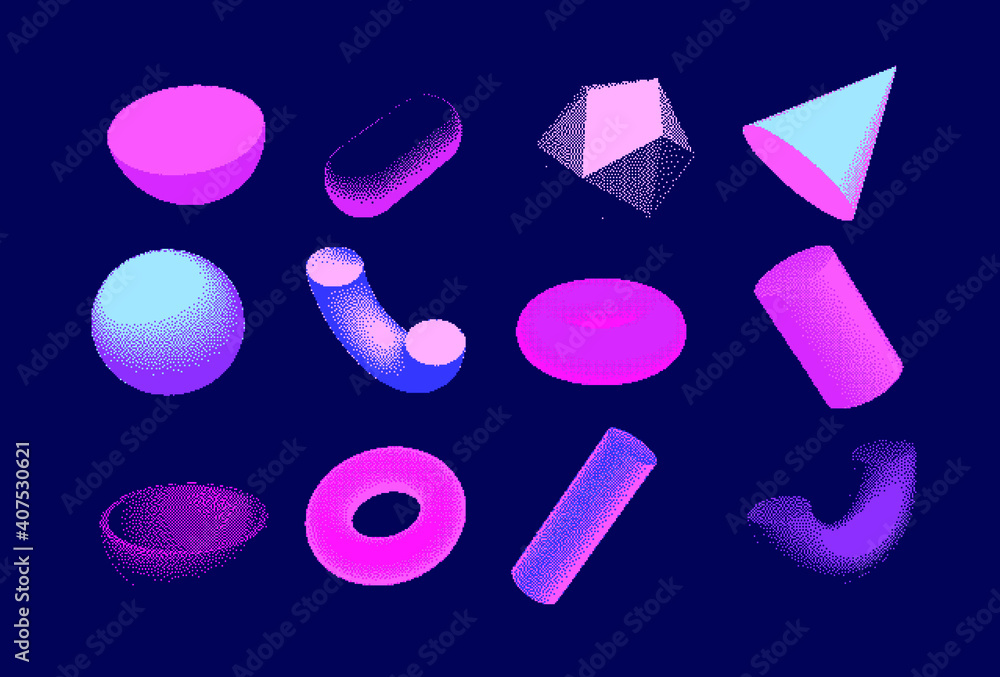 Set of 3D shapes: sphere, hemisphere, torus, cone, cylinder and ...