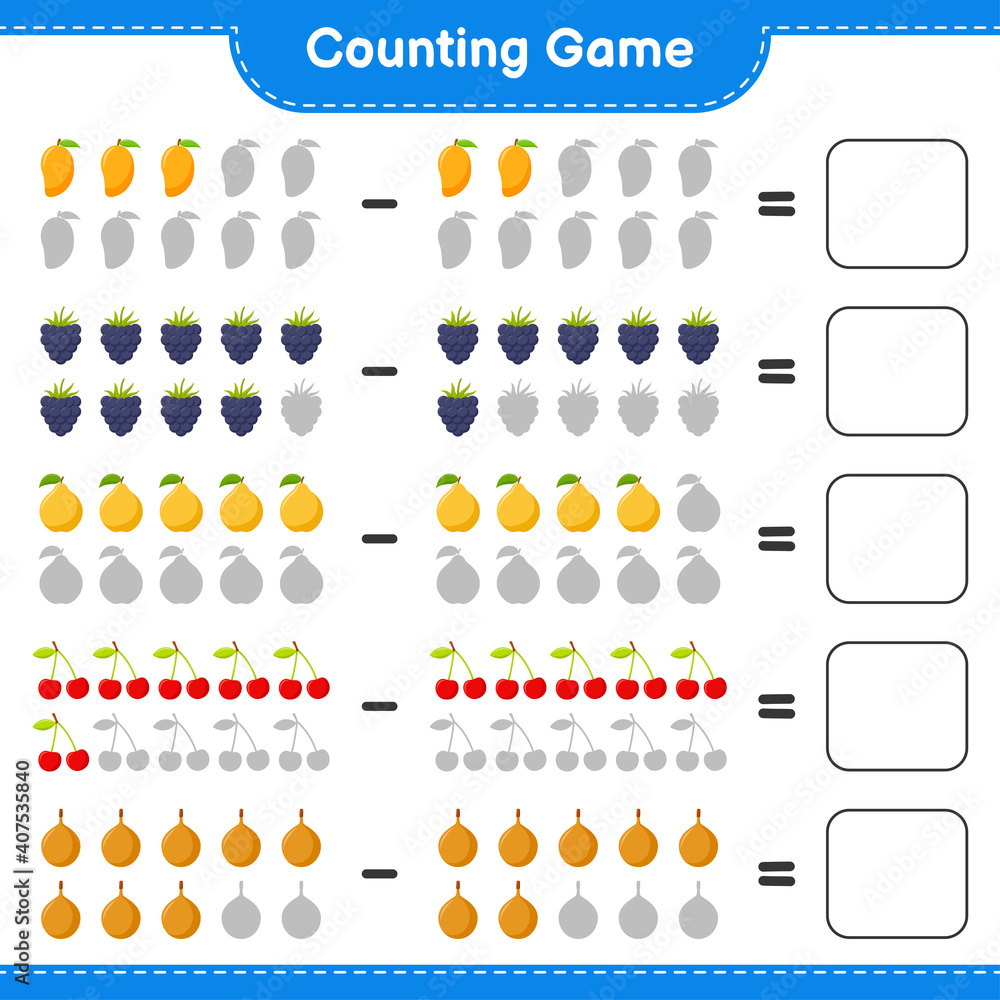 Counting game, count the number of Fruits and write the result ...