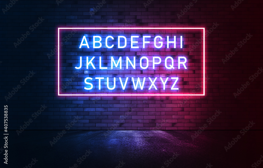 Neon light alphabet on iluminated brick wall. Stock Photo | Adobe Stock