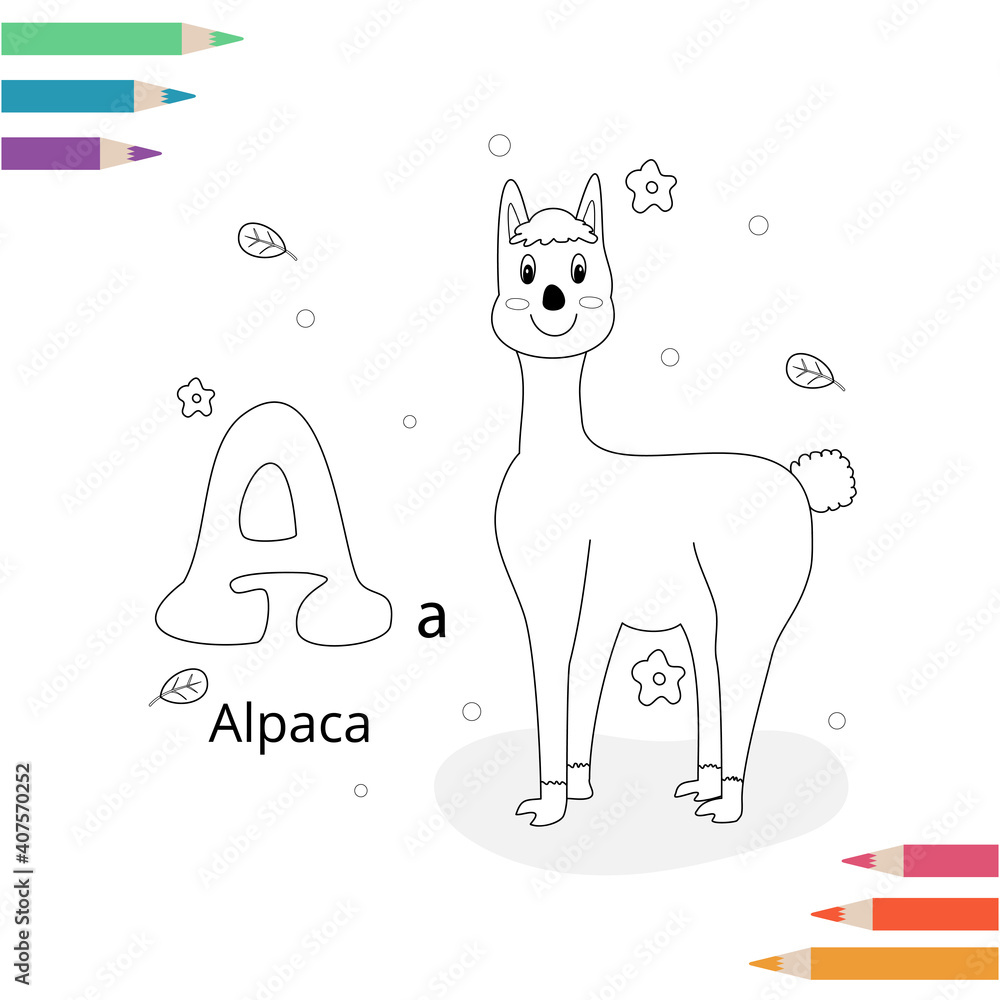 Animal alphabet coloring book page for kids. Vector illustration. Hand ...