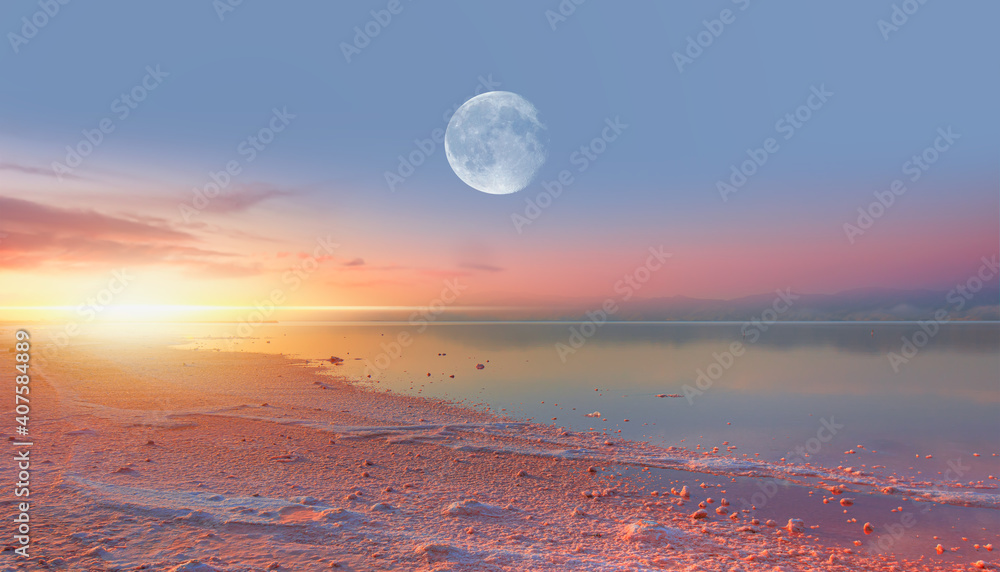 Ilustração Maharlu pink salt lake with Full moon at sunset - Shiraz ...