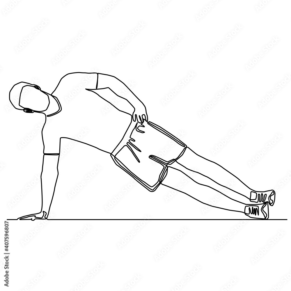 Continuous line drawing of man doing a side plank exercise vector ...