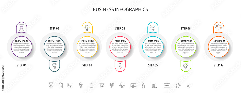 Vector infographics circles with 7 steps, labels. Line chart. Timeline used for diagram, banner ...